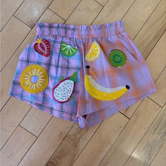 QUEEN OF SPARKLES | Shorts | Queen Of Sparkles Plaid Fruit Embellished ...